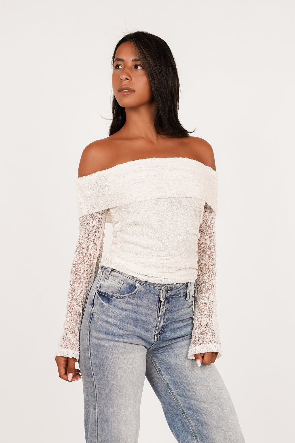 Kanten top off shoulder beige | off shoulder top dames 2025