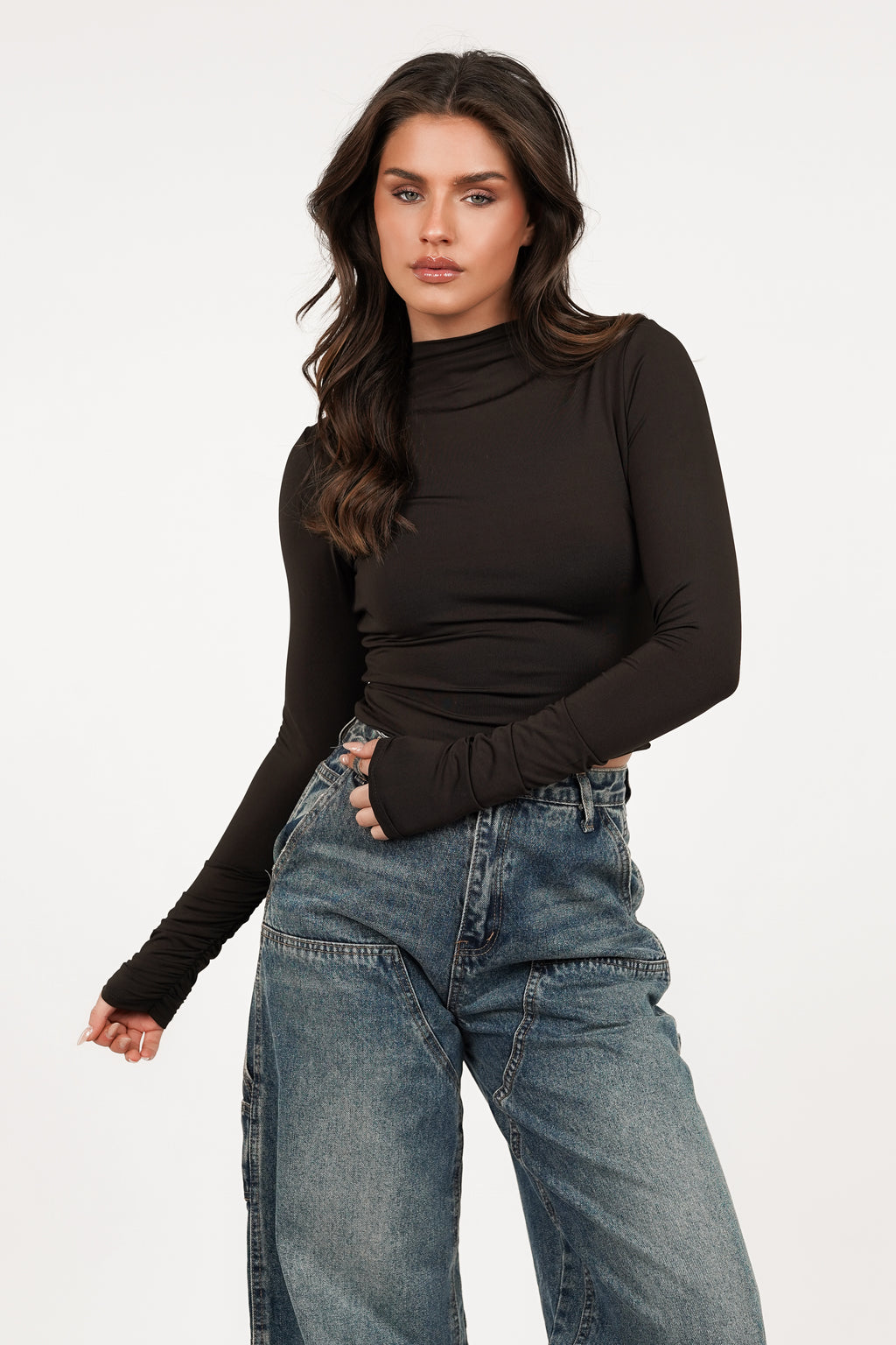 Cropped stretch top bruin | Aangesloten top dames